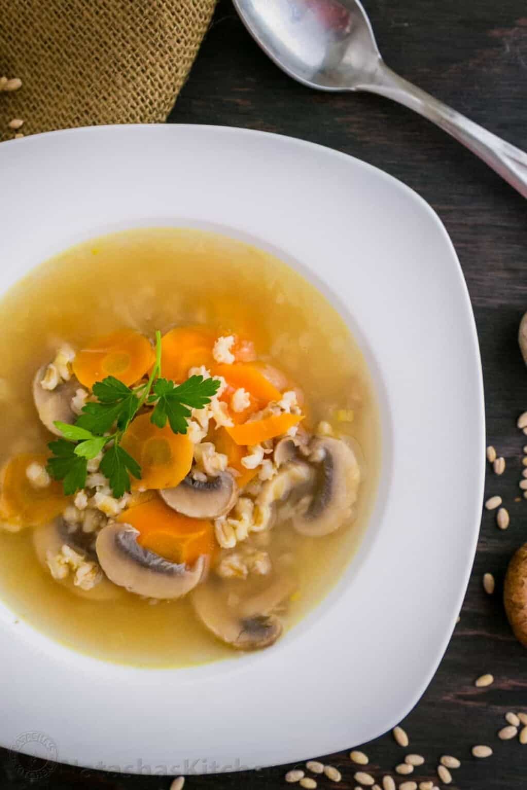 Barley and Mushroom Soup Recipe - Natasha's Kitchen