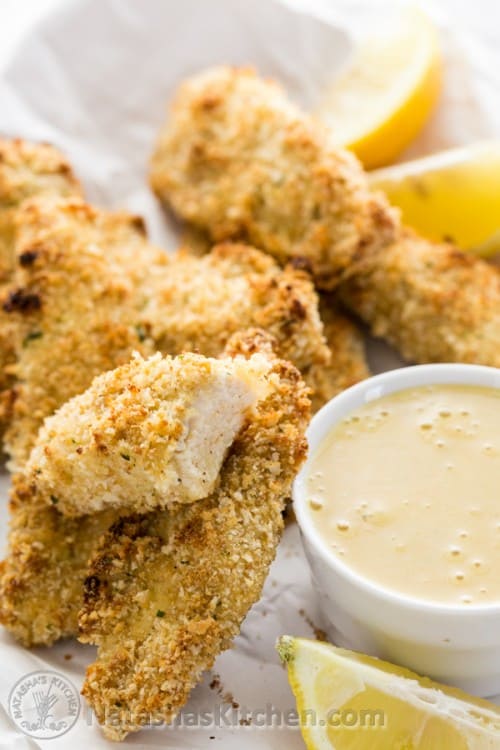 Baked Breaded Chicken Strips Recipe with Honey Mustard Dip