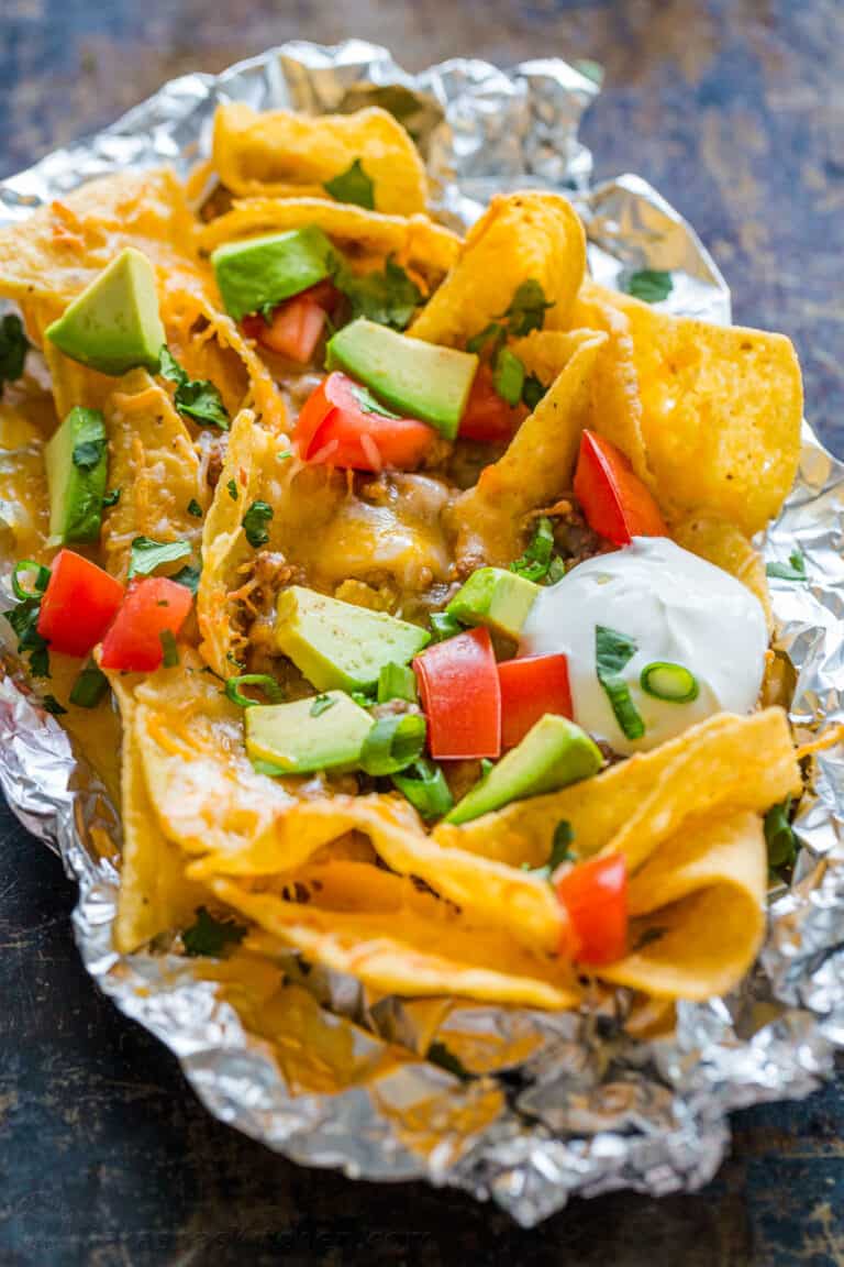 Foil-Pack Baked Nachos Recipe - NatashasKitchen.com